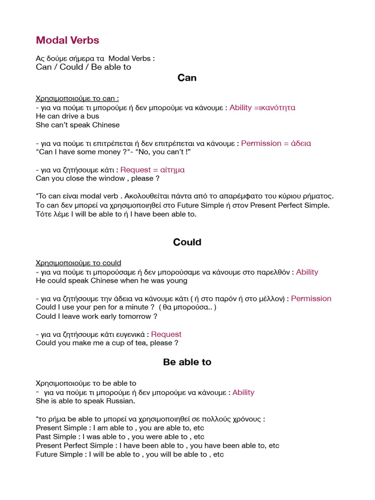 Modal Verbs Can Could Be Able To | PDF | Linguistic Morphology | Syntax