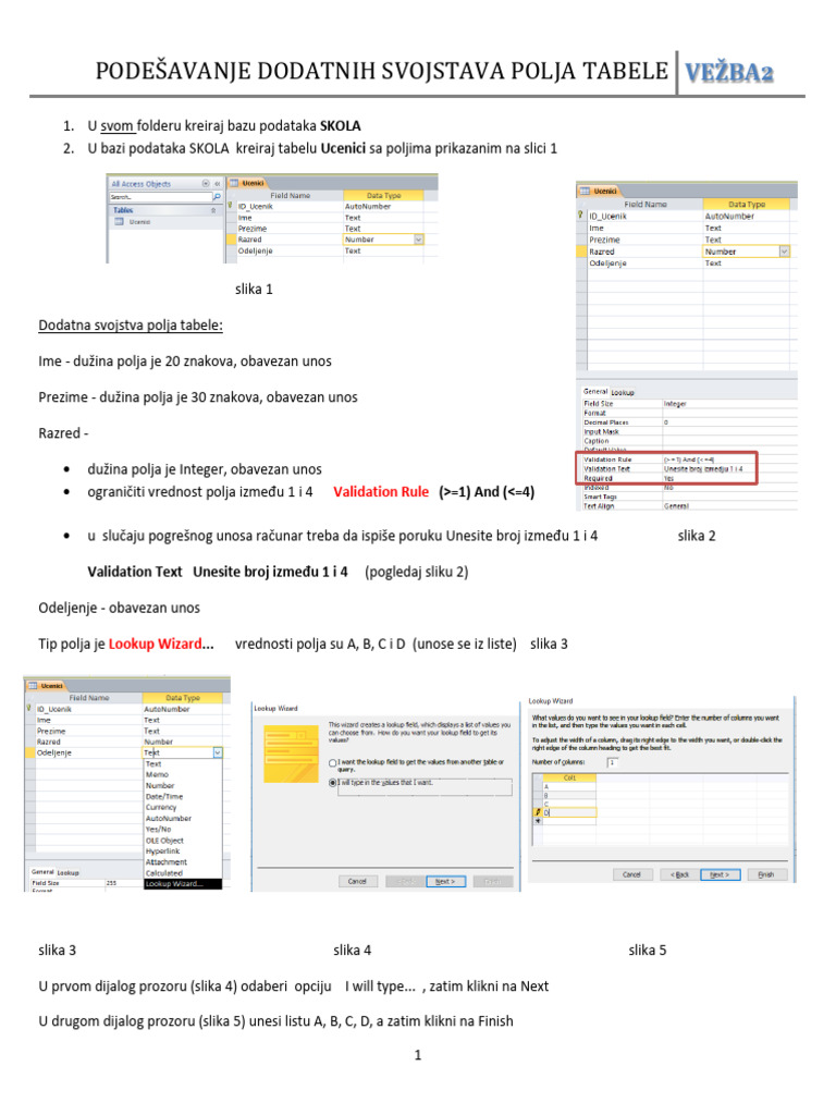 Vezba 2 Access Podesavanje Dodatnih Svojstava Polja Baza Skola | PDF
