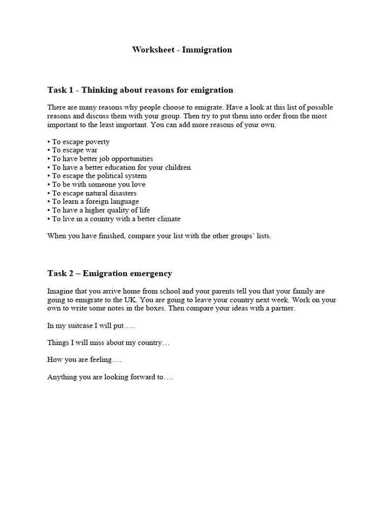 Immigration Worksheet | PDF