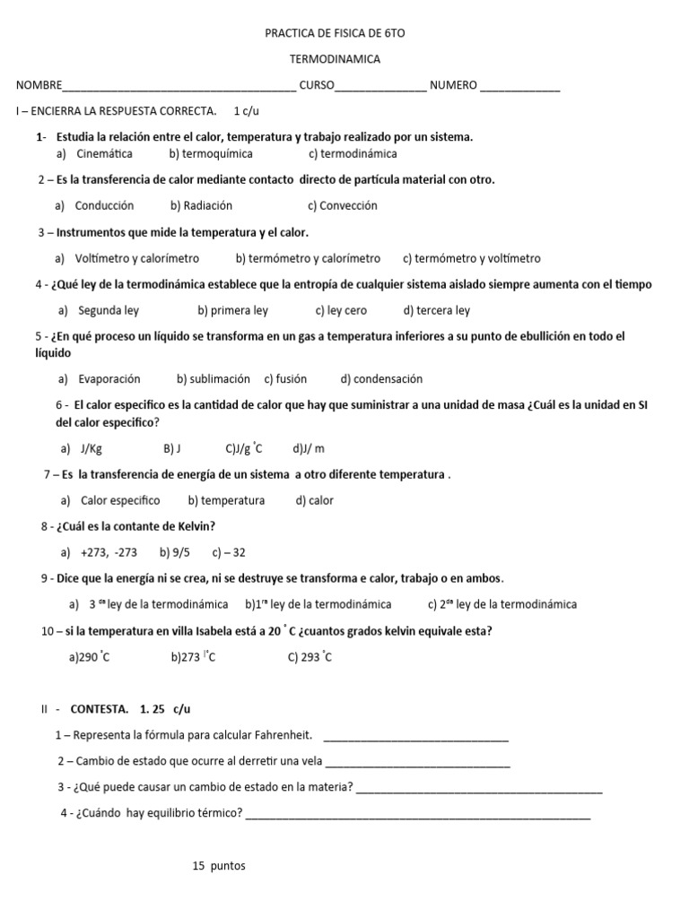PRACTICA DE FISICA DE 6TO Tremodinamica | PDF | Calor | Temperatura