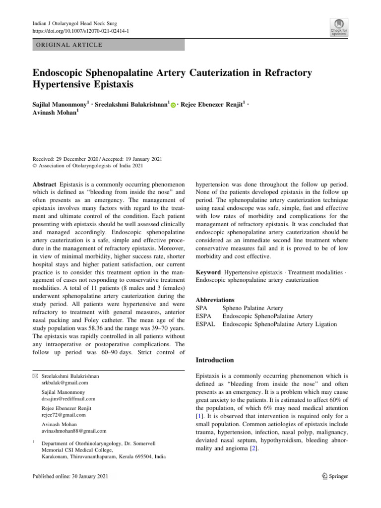 Endoscopic Sphenopalatine Artery Cauterization in Refractory ...