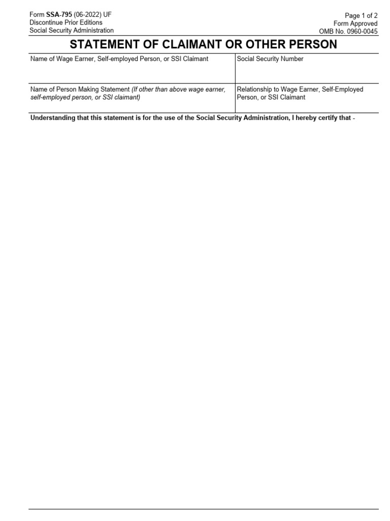 SSA-795 Claimant Statement Form | PDF | Supplemental Security Income ...