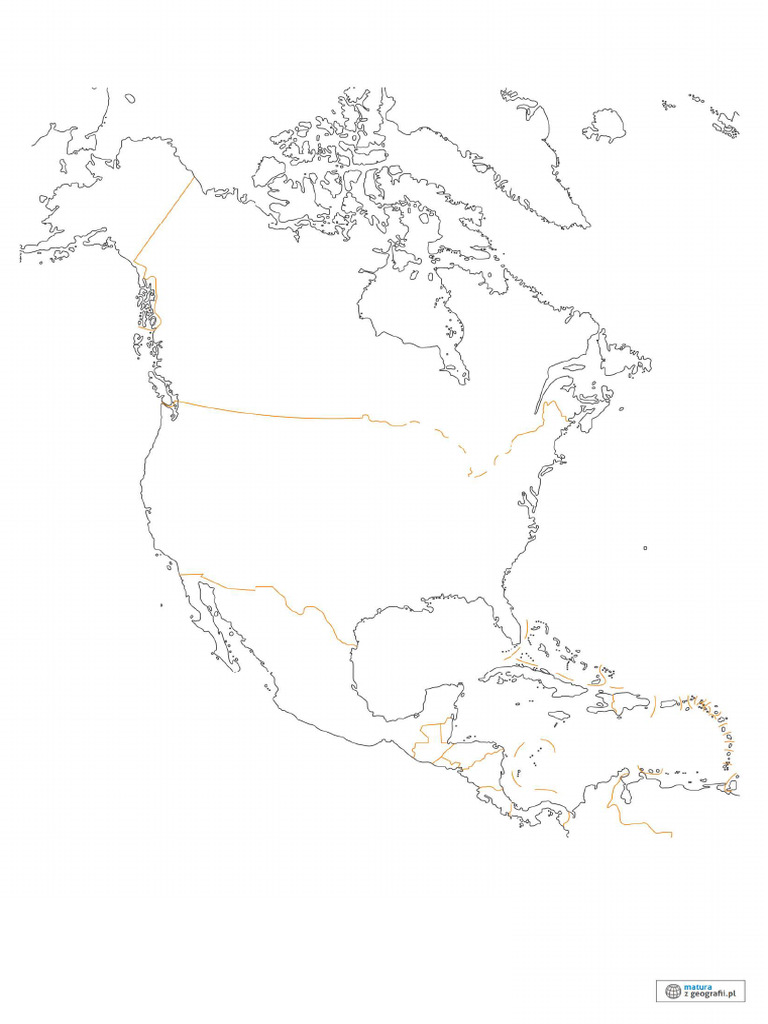 Mapa Konturowa Ameryki Polnocnej Linia Brzegowa Z Podzialem Politycznym ...