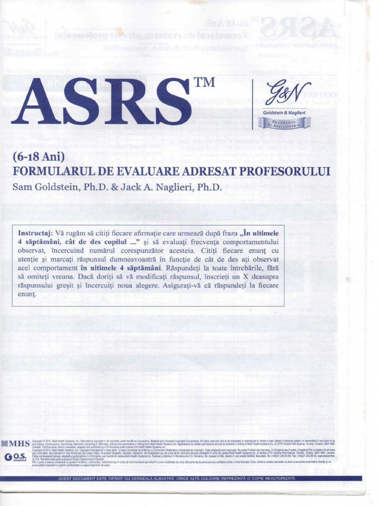 ASRS 6-18 Ani Formular de Evaluare Adresat Profesorului | PDF