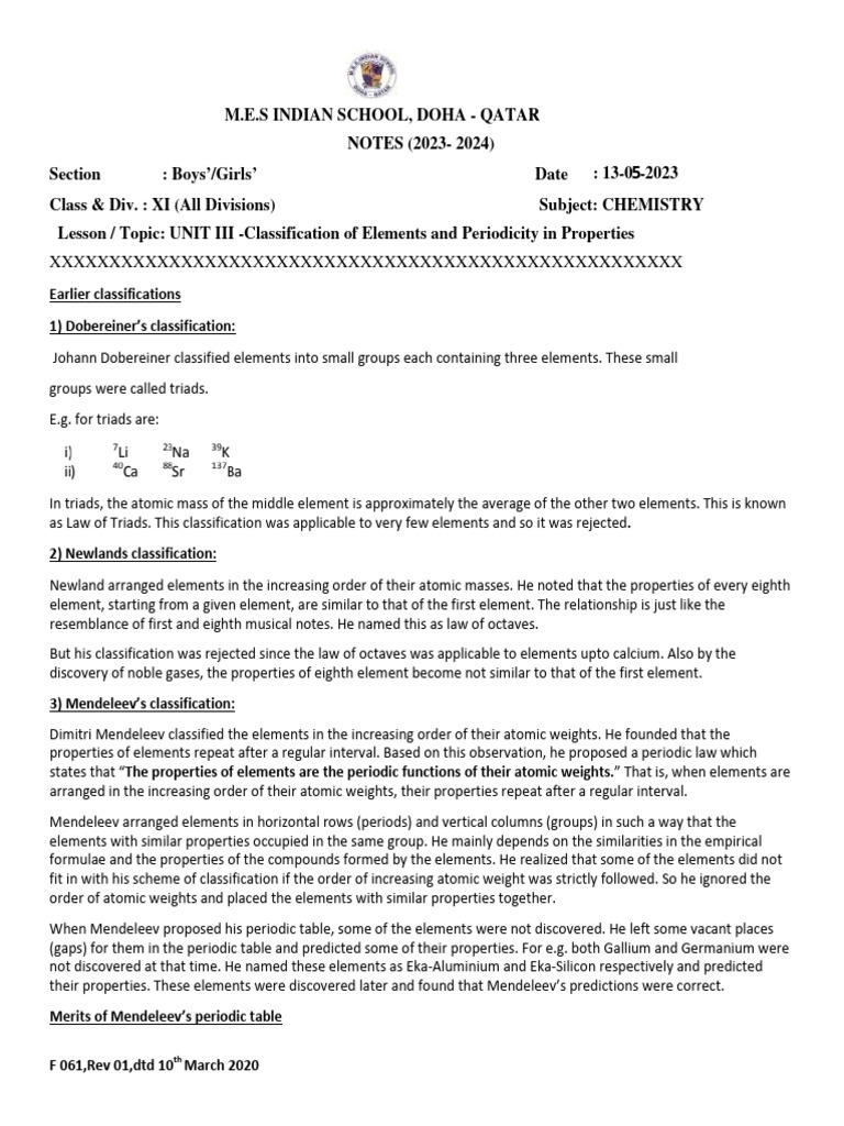 NOTES-CLASSIFICATION OF ELEMENTS AND PERIODICITY-1 (1) | PDF | Periodic ...