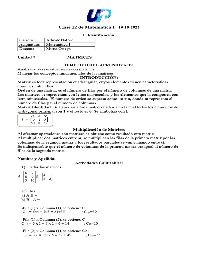 Multiplicación de Matrices: Fila x Columna | PDF | Matriz (Matemáticas ...