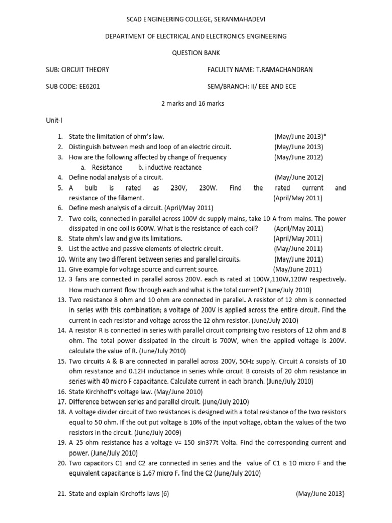 Circiut Theory Questiob Bank | PDF | Inductance | Series And Parallel ...