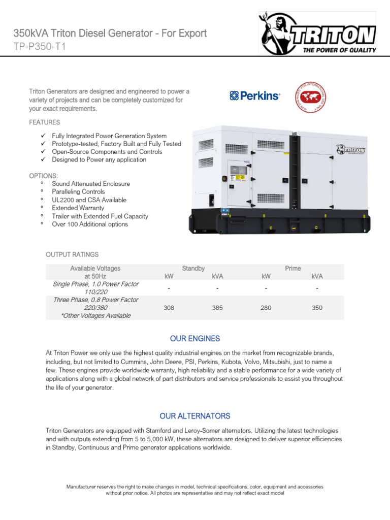 350kVA Triton Diesel Generator Overview | PDF | Engines | Engine Technology