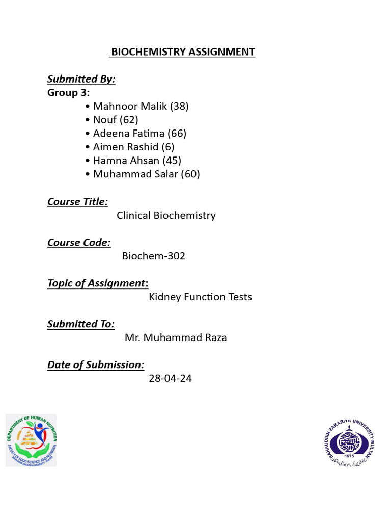 Biochemistry Assignment (Kidney Function Test) - 3 | PDF | Creatinine ...