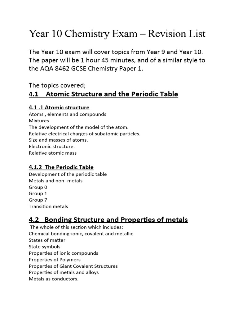 Year 10 Revision List 2019 | PDF | Chemical Reactions | Chemistry