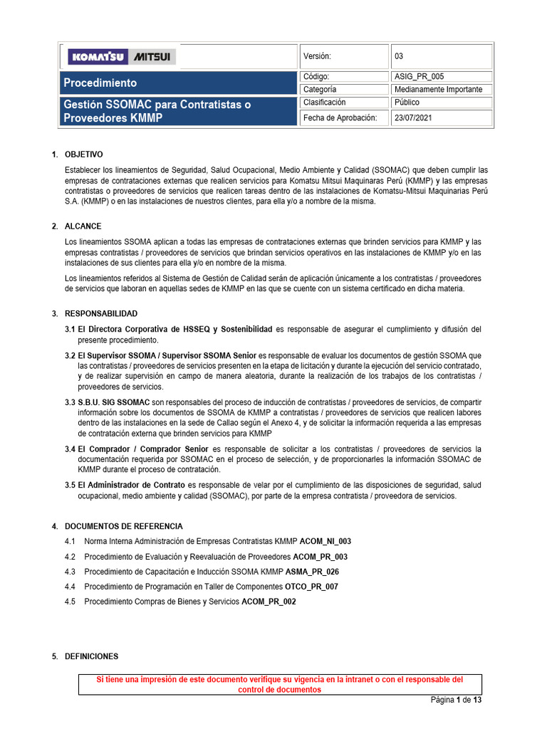Gestión SSOMAC para Contratistas o Proveedores KMMP | PDF | Business | Sistema de manejo de calidad