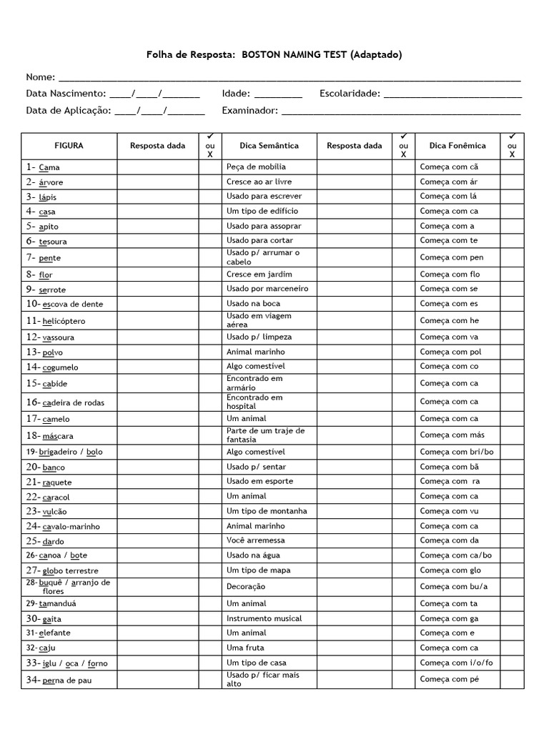 Folha de Resposta BOSTON NAMING TEST_60figuras | PDF
