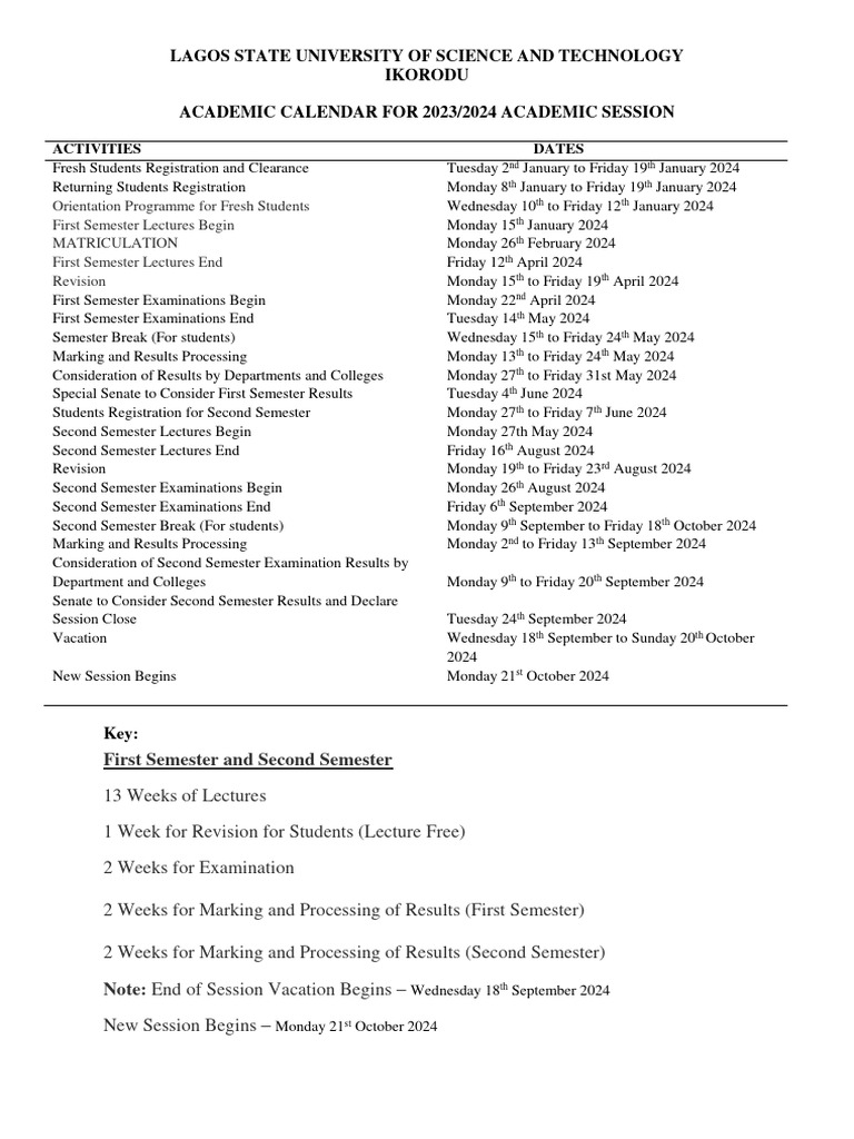 LASU Academic Calendar 2023/2024 | PDF | Academic Term