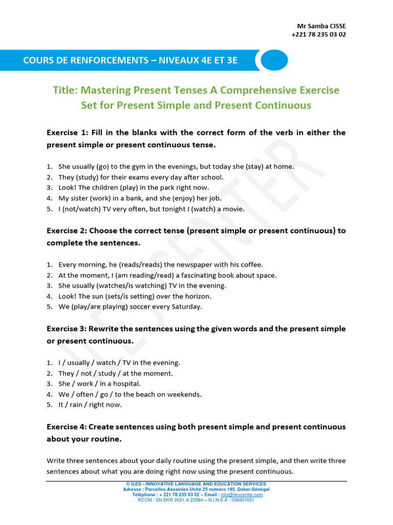 1 Present Tenses A Comprehensive Exercise Set For Present Simple and ...