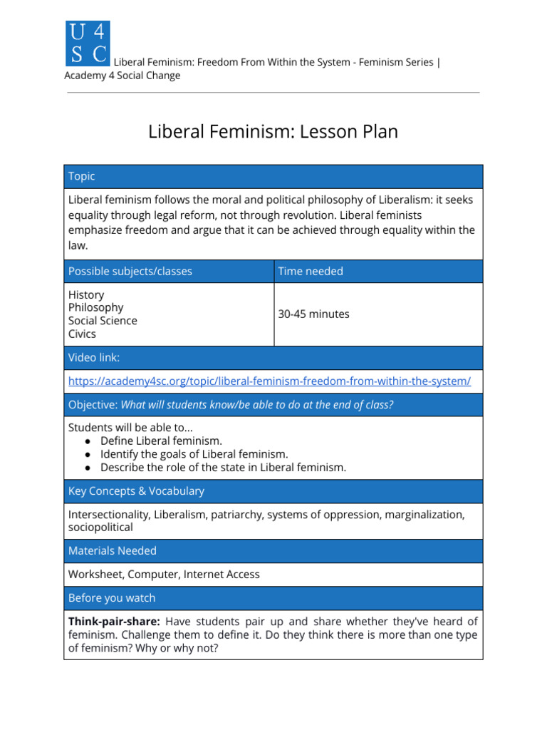 Liberal Feminism Lesson Plan | PDF | Gender Studies | Feminism