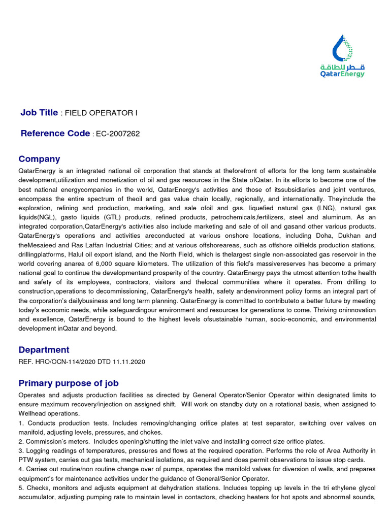 Field Operator I Job Overview | PDF | Natural Gas | Gases