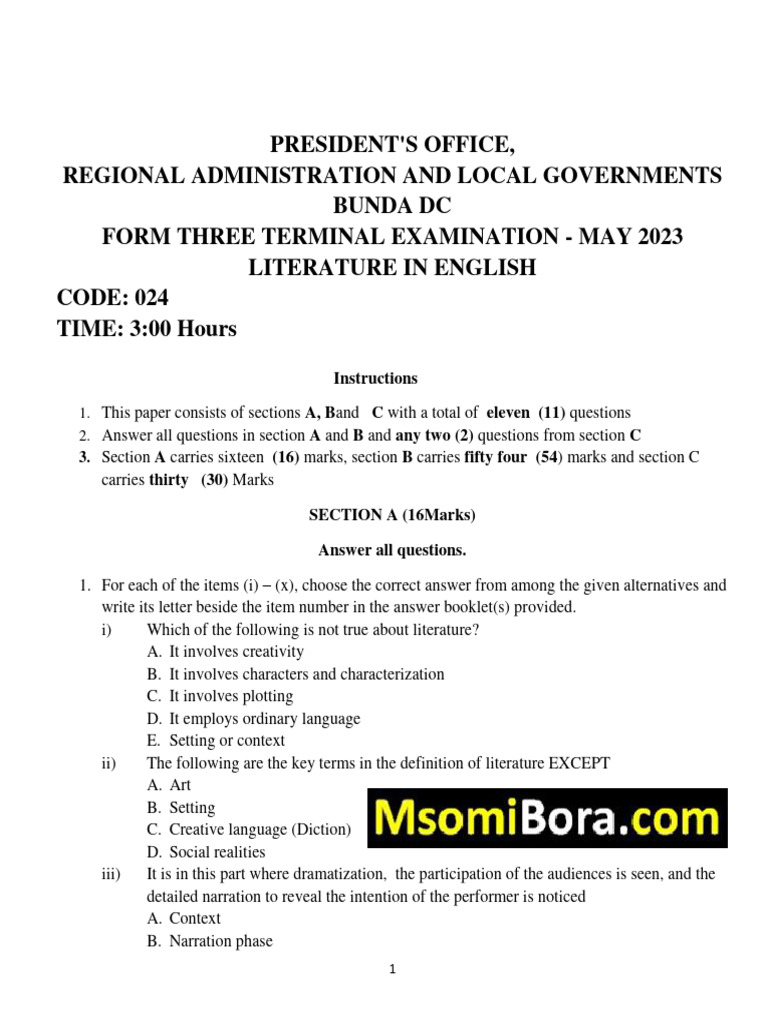 Form Three Literature Exam Paper 2023 | PDF | Narrative | Poetry