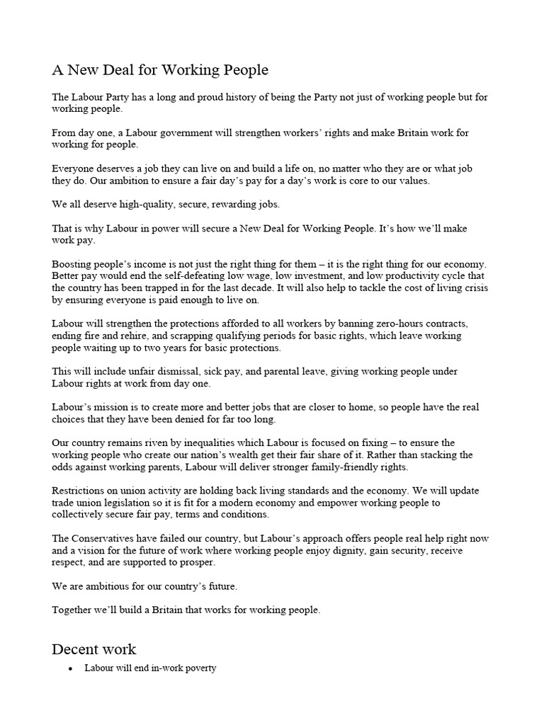 A New Deal For Working People - Labour Party 2024 | PDF | Cost Of ...
