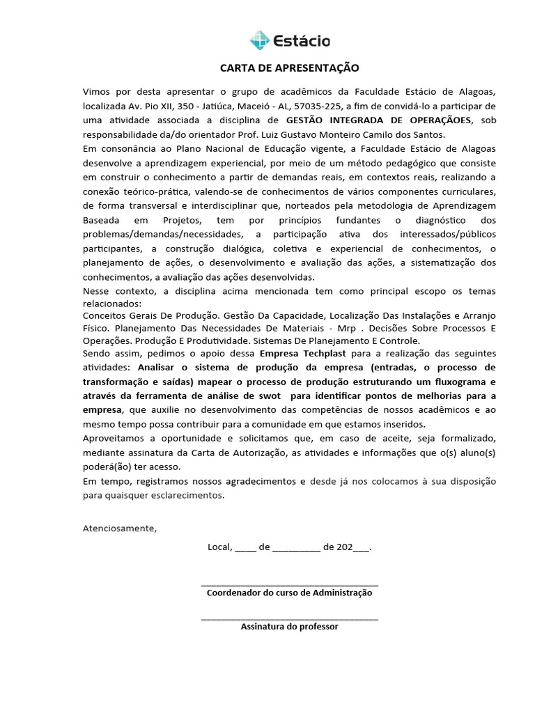 Carta de Apresentação - Estácio | PDF | Planejamento