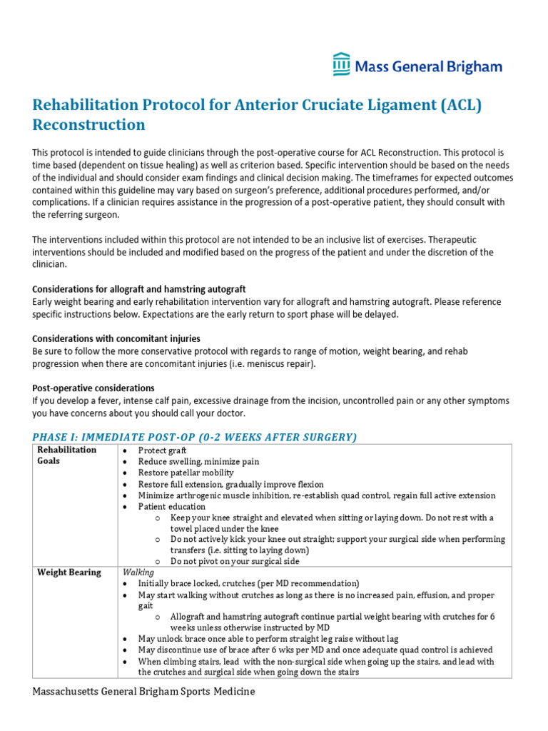 Massgeneral Rehabilitation Protocol ACL | PDF | Knee | Limbs (Anatomy)