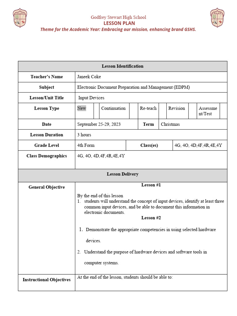 Week3_edpm- 4th Form-lesson Plan | PDF | Input/Output | Lesson Plan