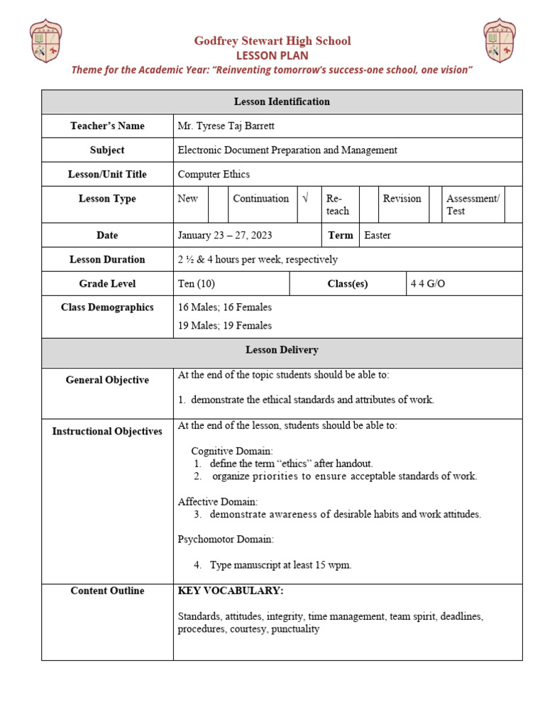 Edpm Lesson Plan - 4th Form - Ethics | PDF | Lesson Plan | Cognition