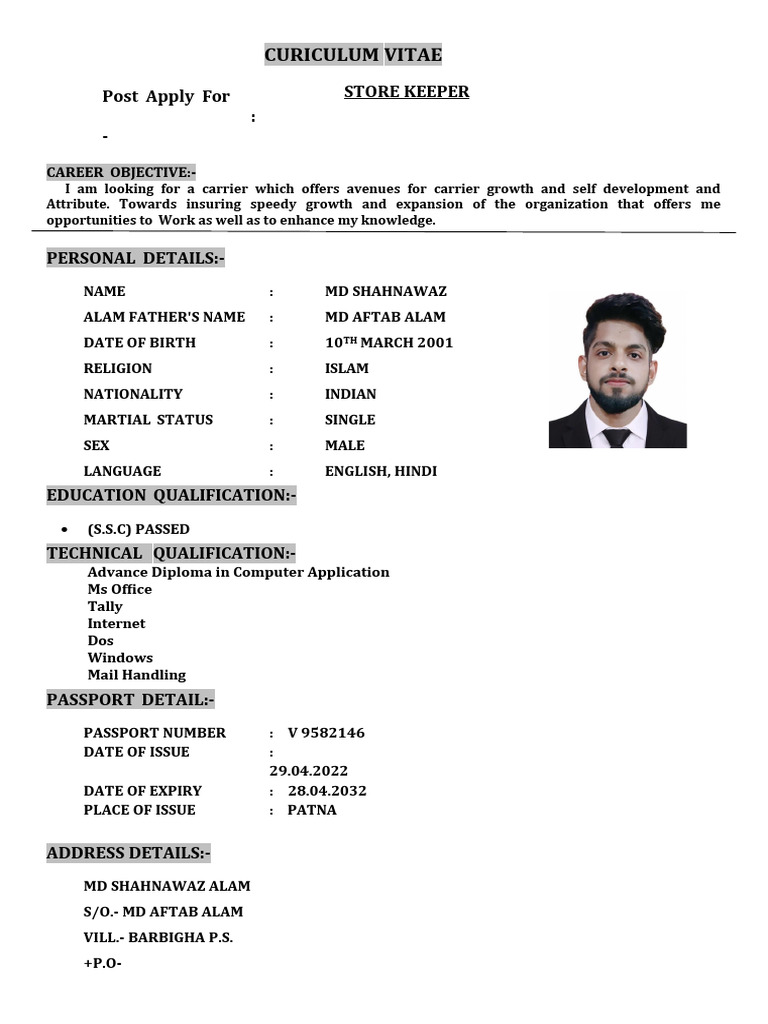 Store Keeper CV - MD Shahnawaz Alam | PDF | Inventory | Business