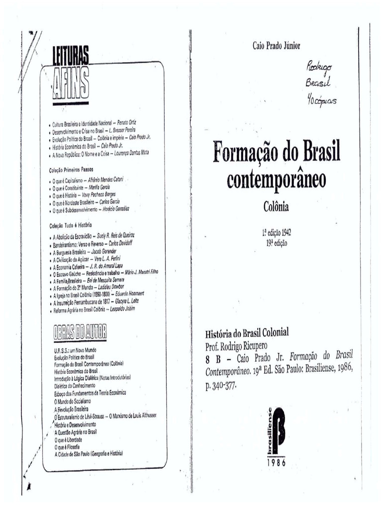 Caio Prado Júnior. Formação Do Brasil Contemporêneo | PDF