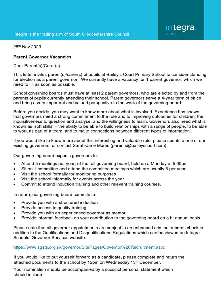 Advert For Parent Governor Nov 2023 | PDF | Social Psychology