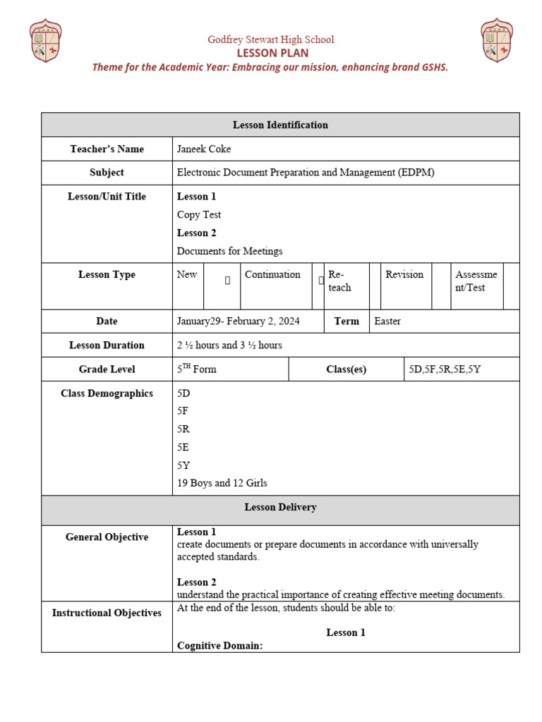 WEEK 1&2 - EDPM 5th Form (Documents For Meeting) | PDF | Lesson Plan ...