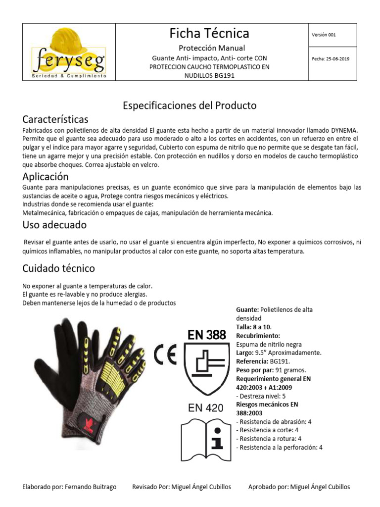 Ficha Técnica BG191 IMPACTO | PDF | Guante | Materiales