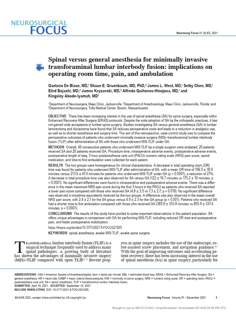 [10920684 - Neurosurgical Focus] Spinal versus general anesthesia for minimally invasive ...