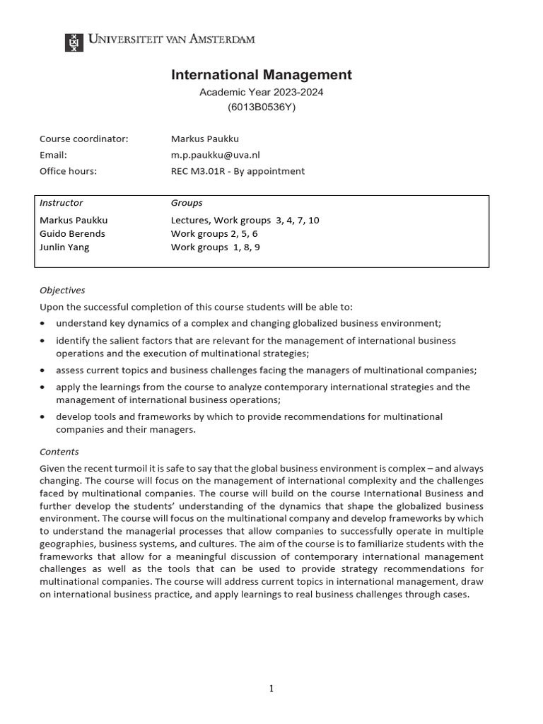International Management - Course Outline - 2024 | PDF | Business