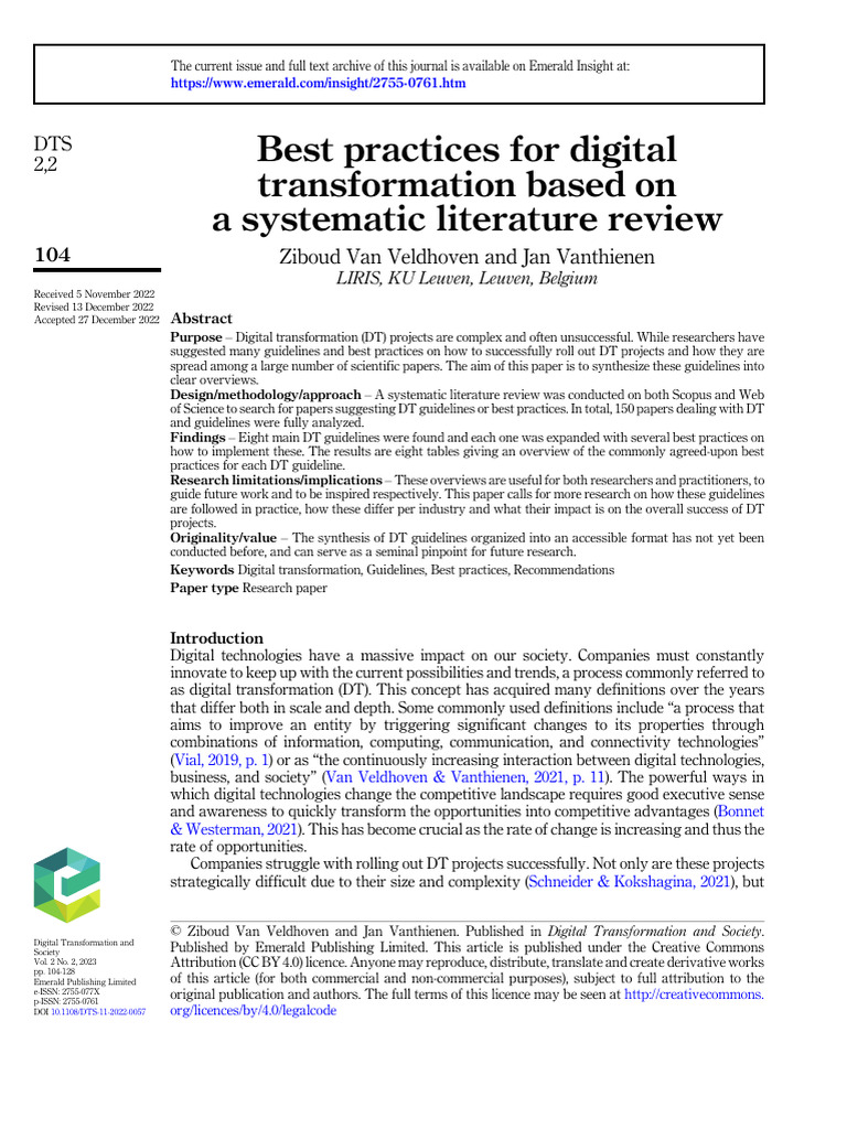 Best practices for digital transformation based on a systematic ... Best practices for digital transformation based on a systematic ...