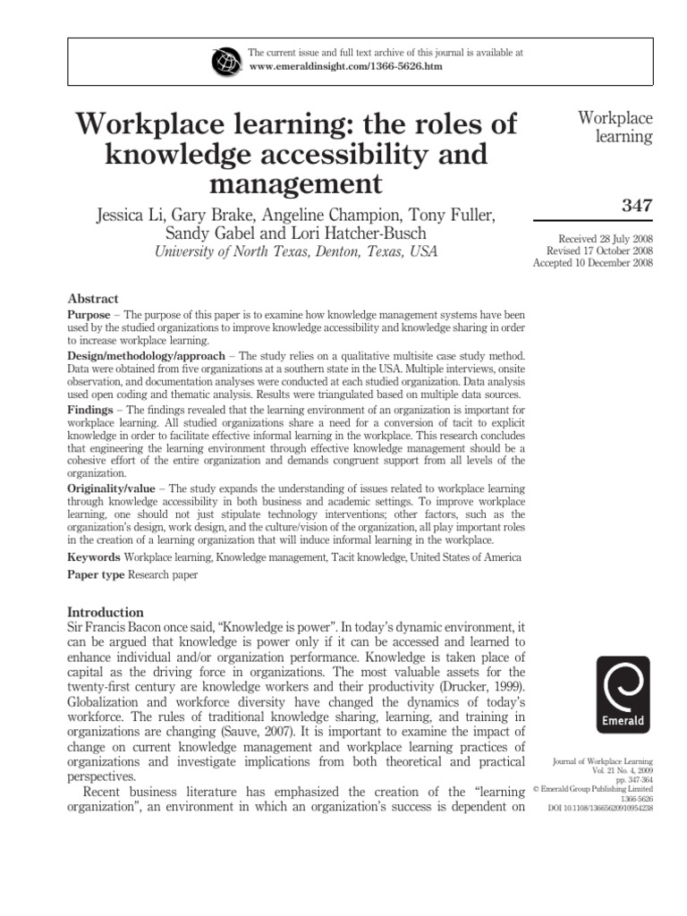 Workplace Learning The Roles of Knowledge Accessibility and Management | Download Free PDF ...
