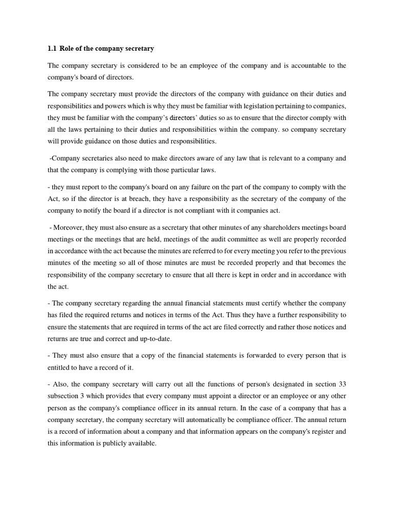 Role of The Company Secretary | PDF | Regulatory Compliance | Board Of ...