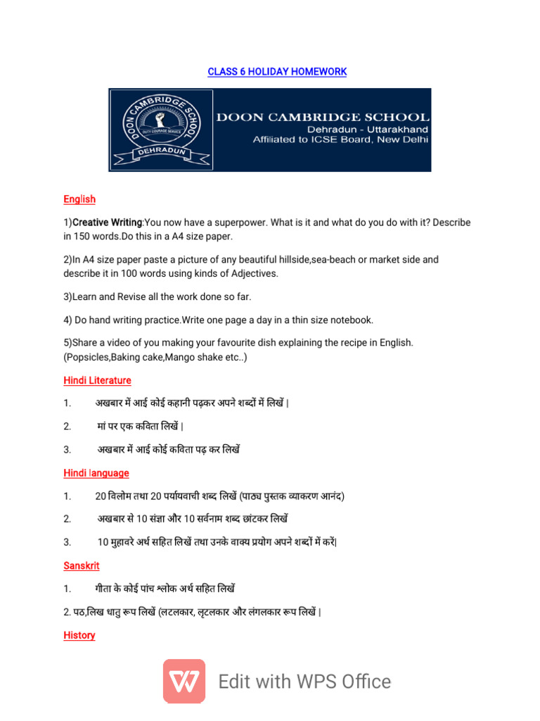 Class 6 Holiday Homework | PDF