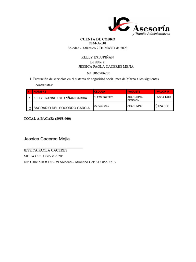 Cuenta de Cobro Servicios Marzo 2023 | PDF