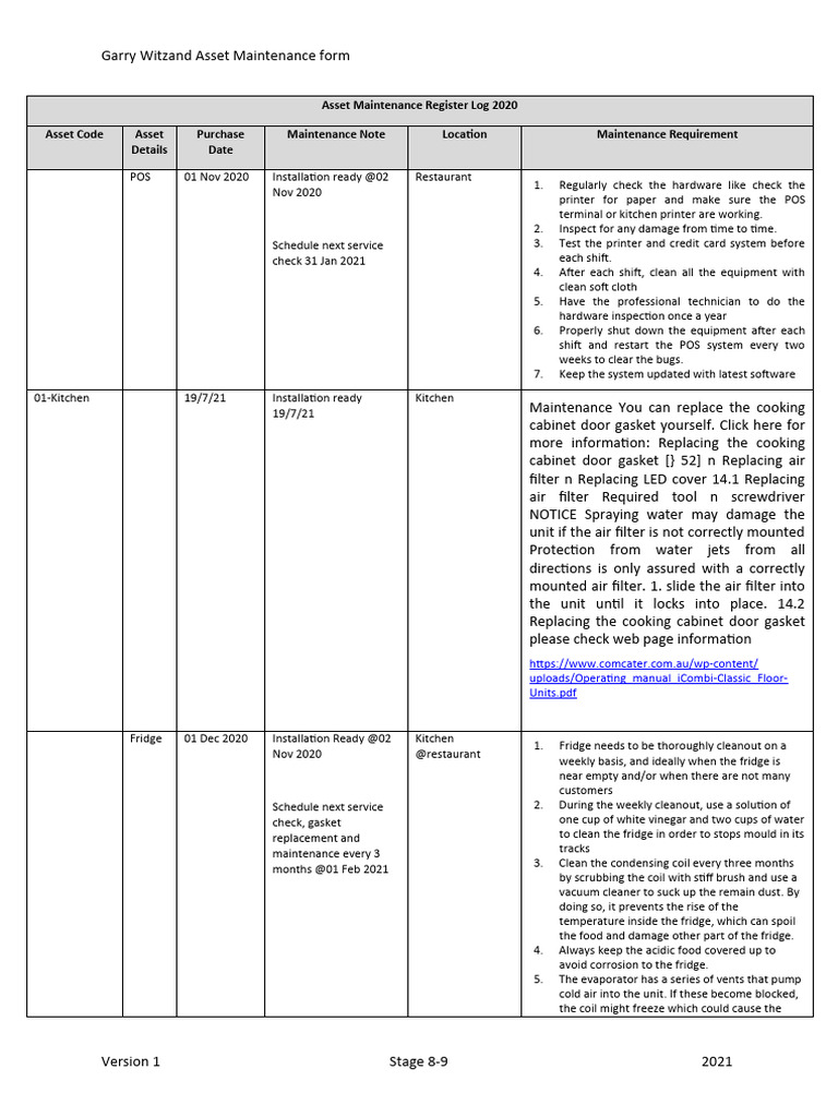 Asset Maintenance Register Log 2020 Garry | PDF | Refrigerator | Point ...