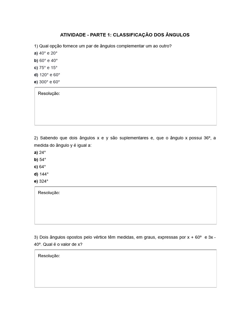 Atividade - Parte 1 - Classificação Dos Ângulos | PDF | Métodos e ...