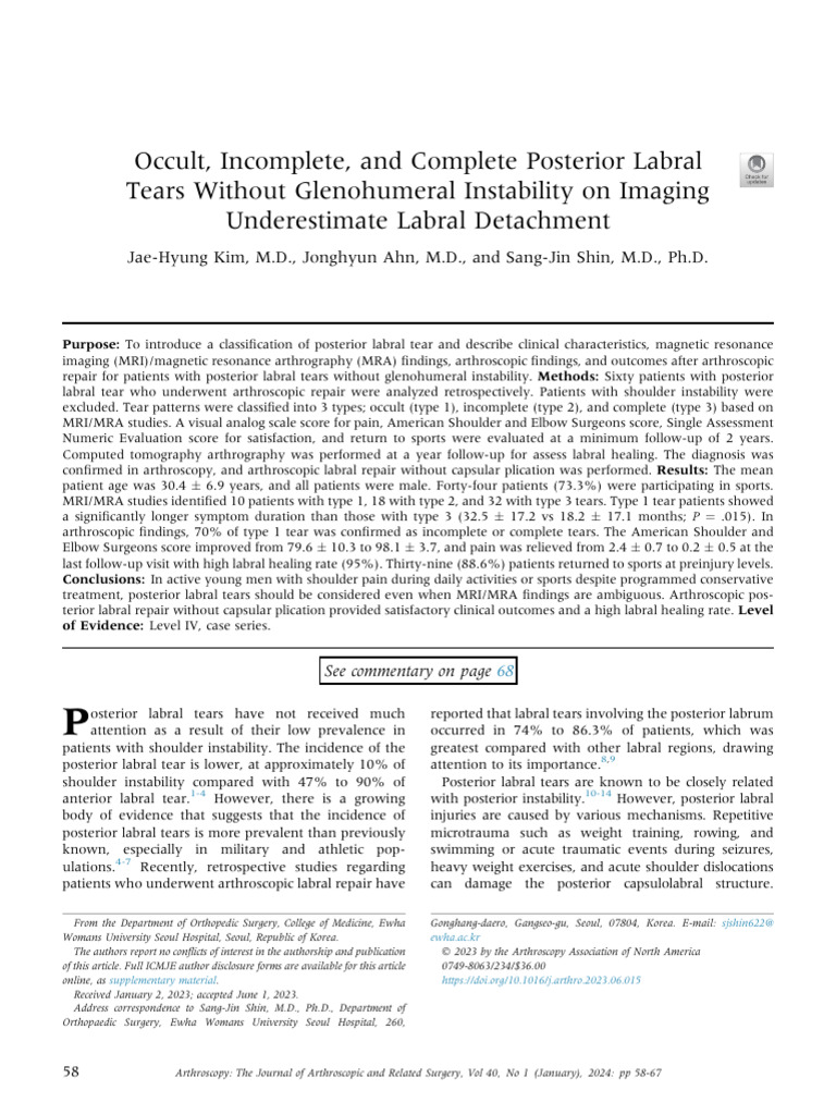 3 Types of Posterior Labral Tears | PDF | Musculoskeletal System ...
