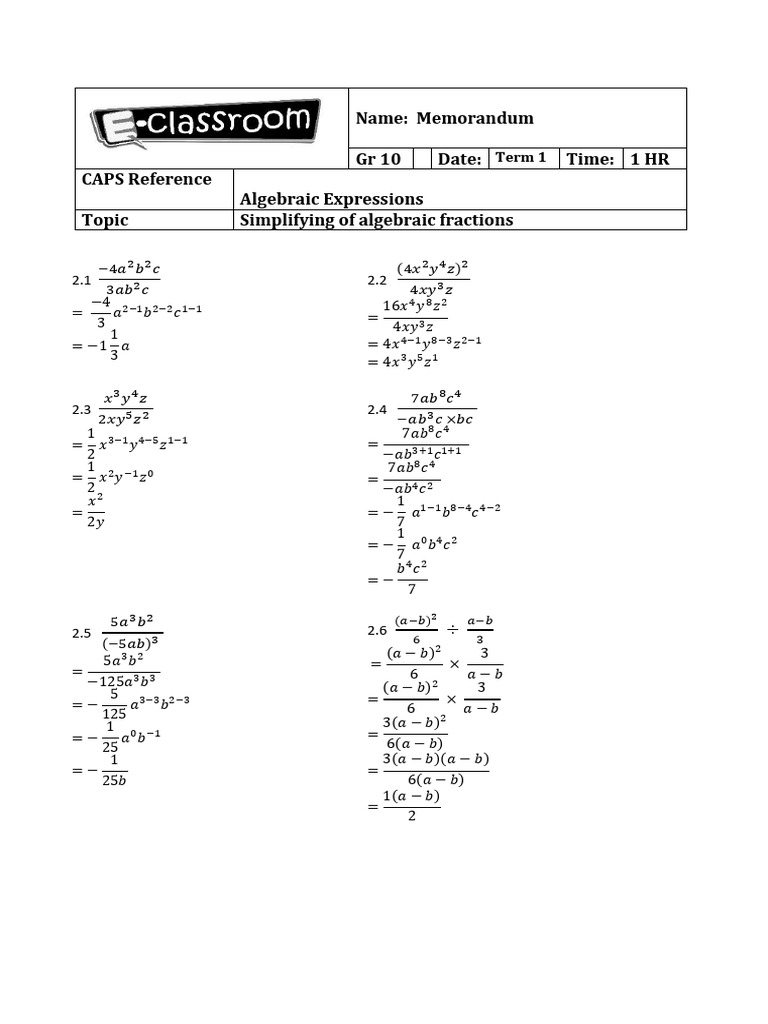 gr10t1 Algebraic Expressions 7 Memo | PDF | Algebra