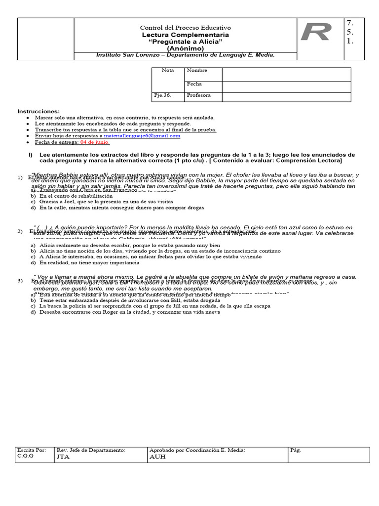 Prueba Preguntale A Alicia | PDF | La dependencia de sustancias