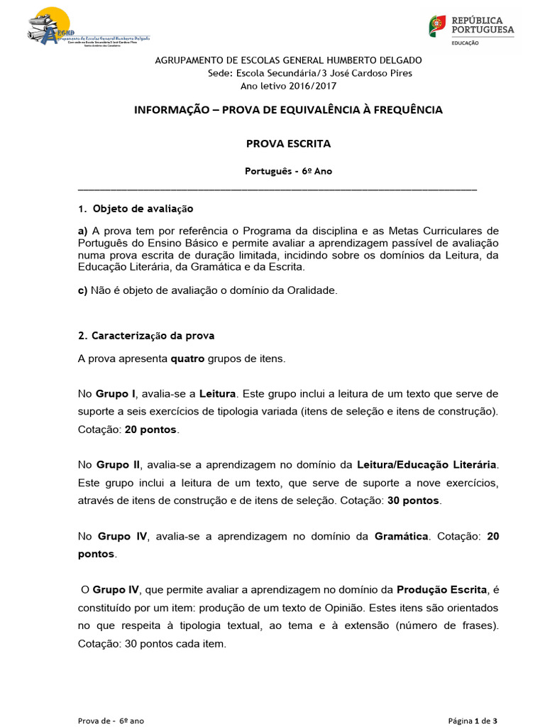 Informação-Prova Escrita Português 6º Ano | Download grátis PDF ...
