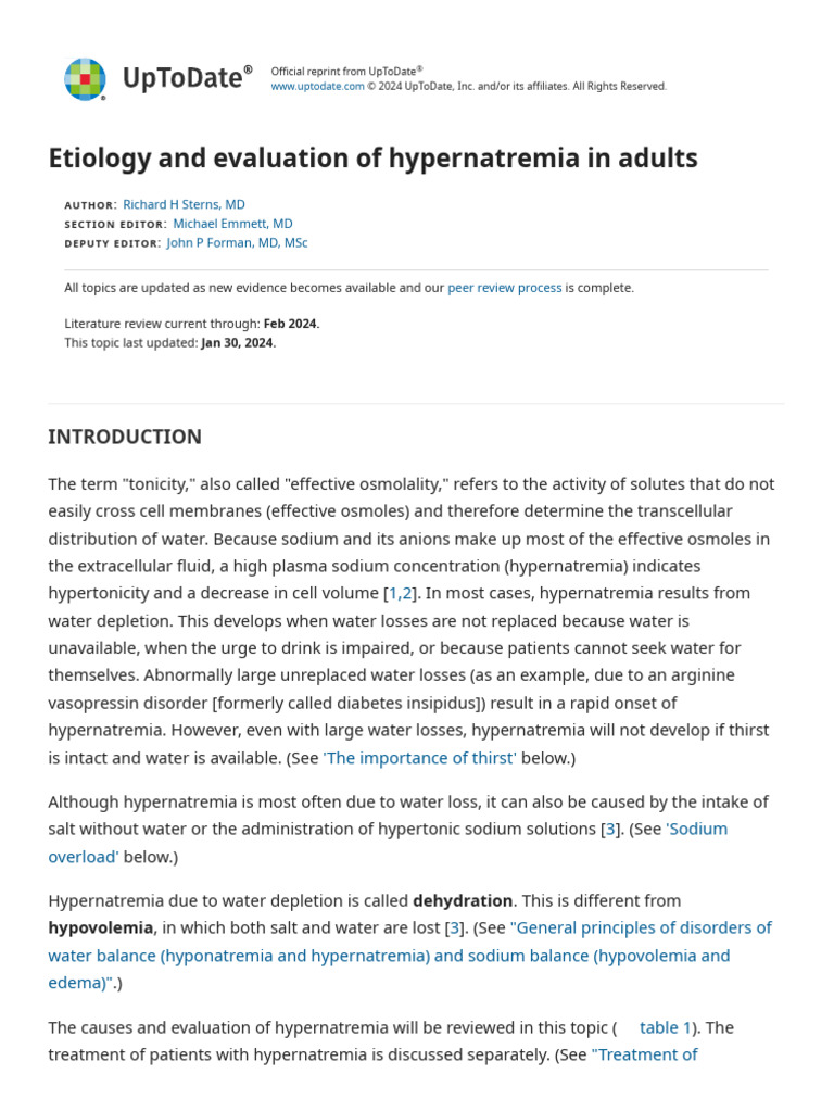 Etiology and Evaluation of Hypernatremia in Adults - UpToDate | PDF ...