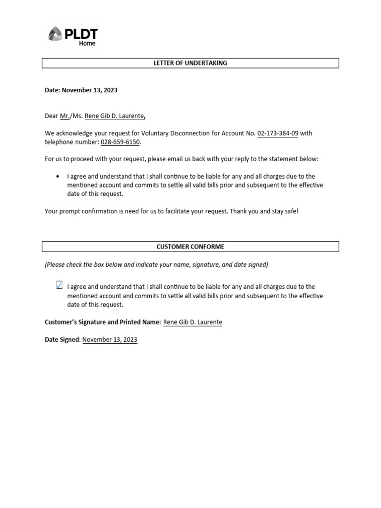PLDT Letter of Undertaking 2023 | PDF