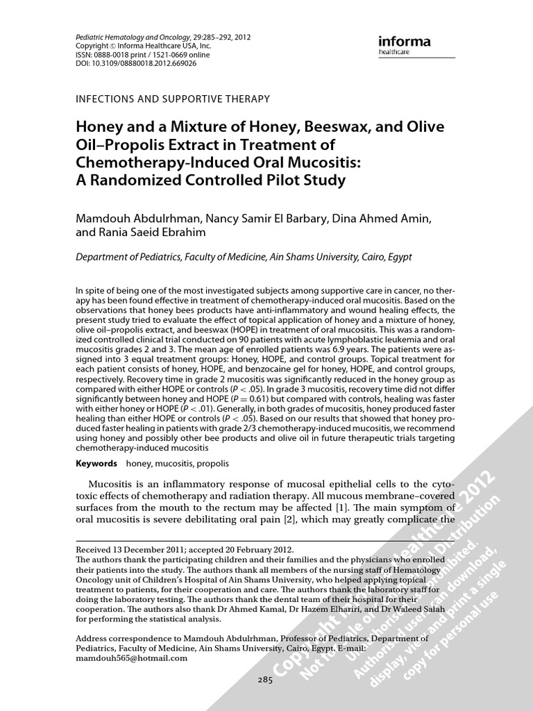 Honey and A Mixture of Honey, Beeswax, and Olive | Download Free PDF | Clinical Medicine ...