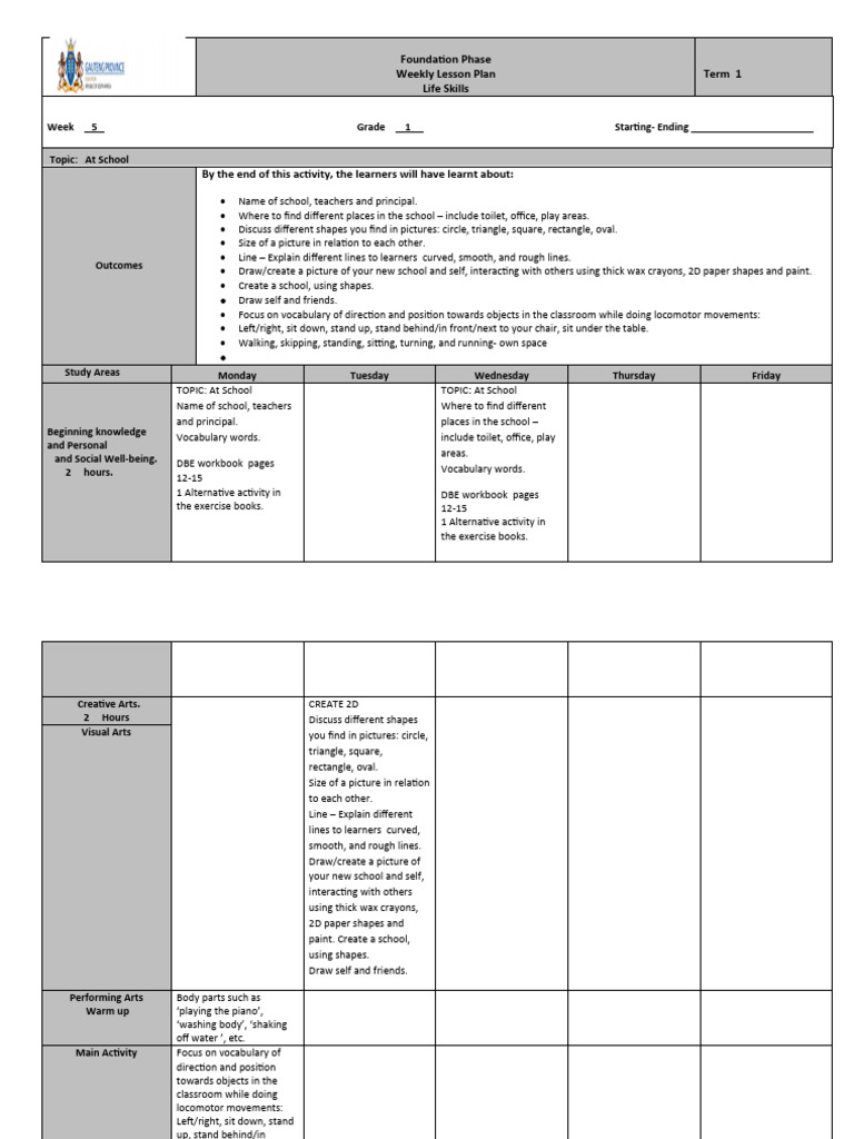 Life Skills Lesson Plans Grade 1 Week 5 | PDF | Shape | Classroom