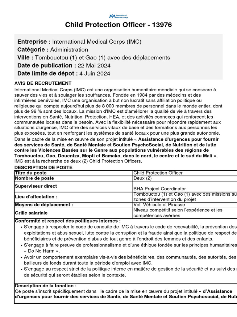 Recrutement : Officier Protection Enfant IMC | PDF | Planification ...