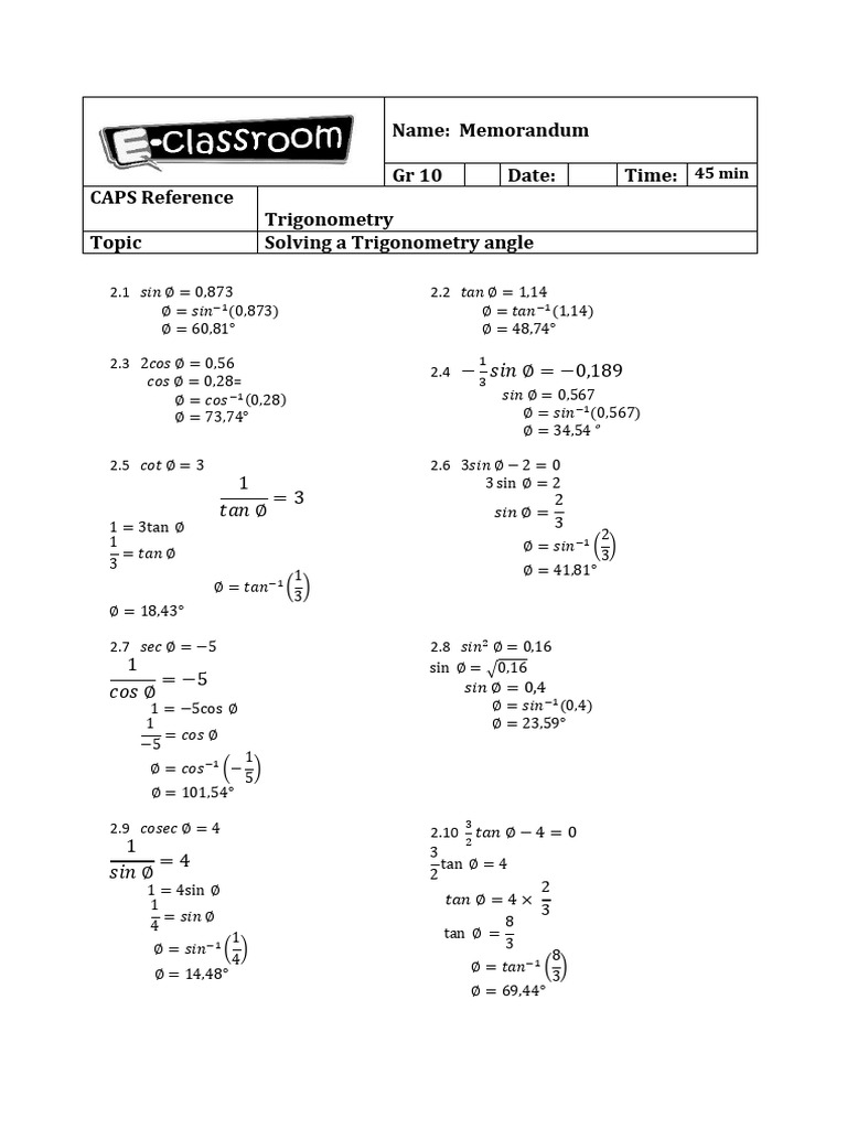 gr10t2 Trigonometry Solving Angles Memo | Download Free PDF ...